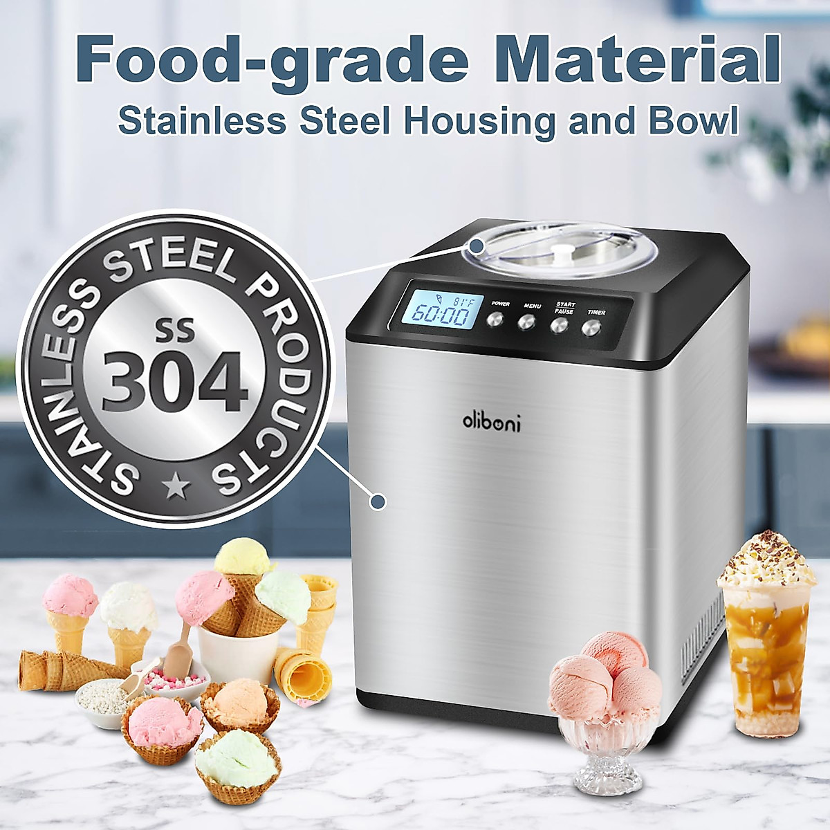 2.6 Qt Ice Cream Maker with Compressor, LCD Digital Display & Timer, No Pre-freezing, Countertop Gelato Makers, Automatic Ice Cream Machine for Homemade Use, Stainless Steel