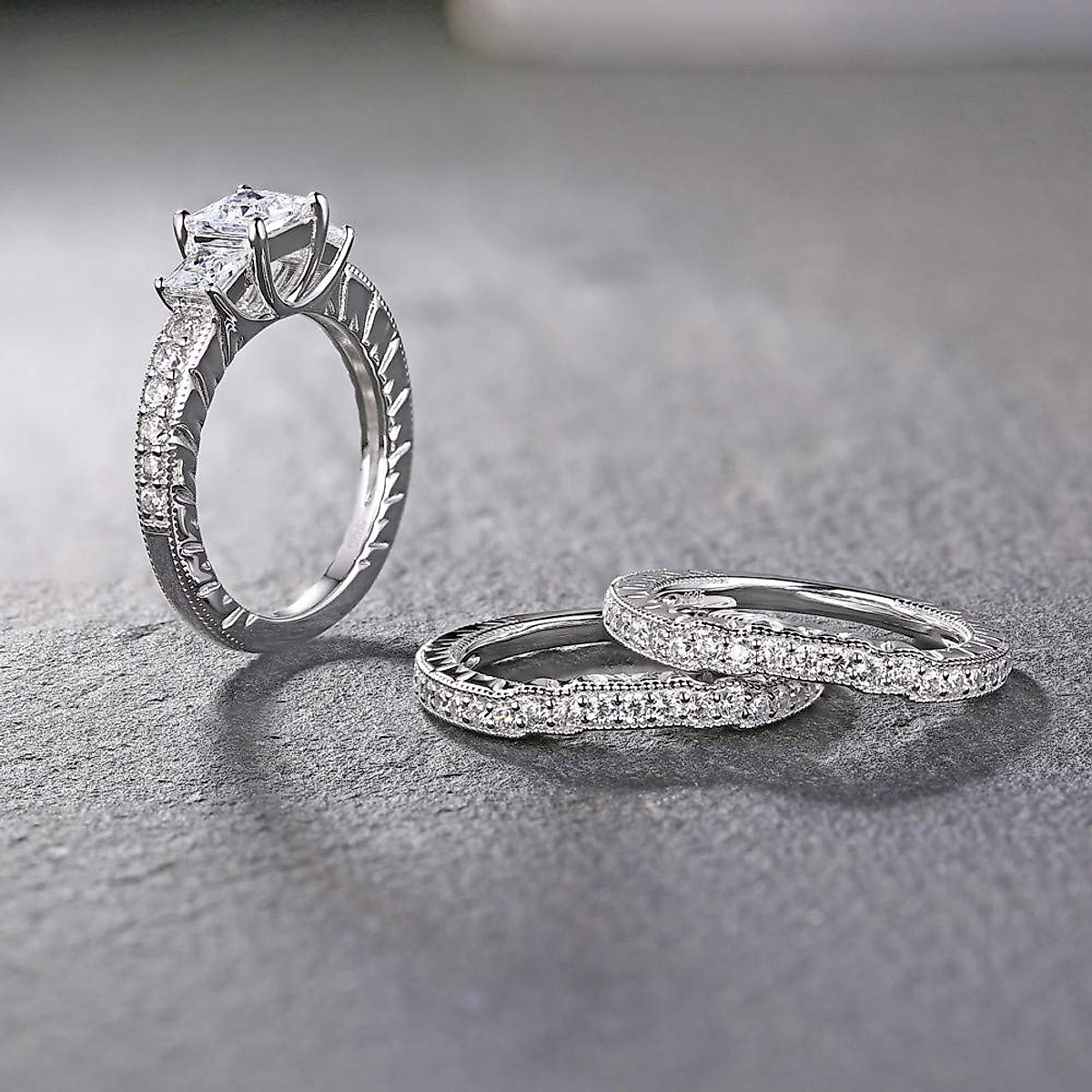 2.8 Ctw Moissanite Princess Cut Wedding Ring Set for Women White Gold 3 Pieces 3 Stone Bridal Ring Set Engagement Ring Set 10K 14K 18K Gold Bridal Set Anniversary Promise Rings for Her(14K)