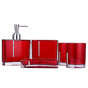POCREATION Bathroom Designer 5-Piece Bath Accessory Set,AcrylicGift Set Toothbrush Holder Toothbrush Cup Soap Dispenser Soap Dish Toilet Brush Holder Trash Can Tumbler Straw Set Bathroom,Red