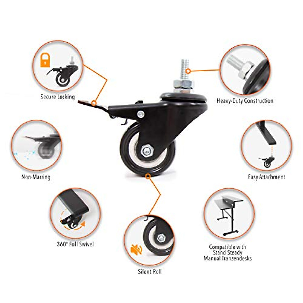 Stand Steady Attachable Desk Wheels | Set of 4 Locking Casters | Easy-Roll and Non-Marring | Full Swivel Wheels Compatible with Tranzendesk Standing Desks (2 Inch/Black)