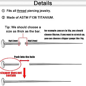 14g/16g/18g ASTM F136 Titanium Piercing Taper Insertion Pin for Internal Thread Tragus/Helix/Lip/Nose/Helix/Piercing Jewelry Cartilage Earrings Labret Nose Studs Stretcher Assistant Tool