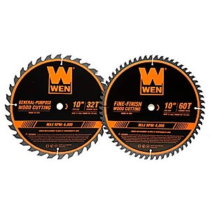 WEN BL1032-2 10-Inch 32-Tooth and 60-Tooth Carbide-Tipped Professional Woodworking Saw Blade Set, Two Pack