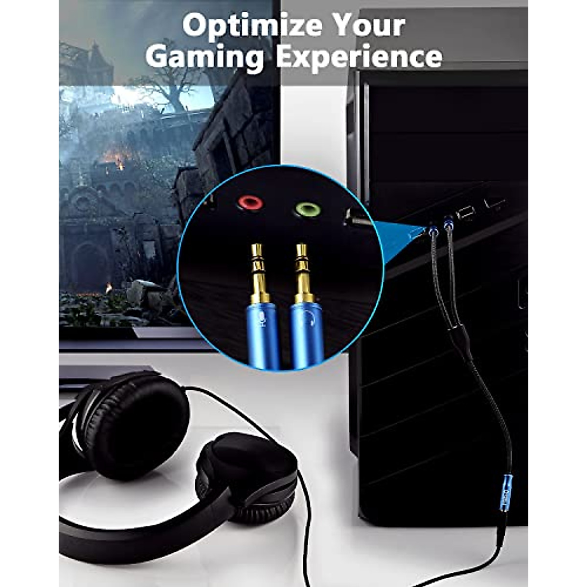 MillSO Headphone Splitter for Computer 3.5mm Female to 2 Dual 3.5mm Male Headset Splitter Cable Gold-Plated & Braided Gaming Headset to PC Adapter with Separate Audio & Mic Plug [Young Series]