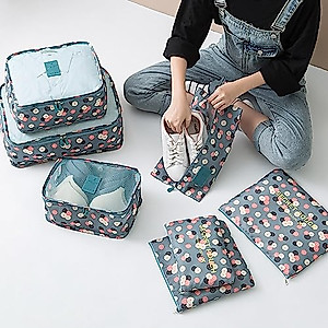 Laebevon 7 Set Packing Cubes with Shoe Bag Travel Luggage Organizer, Blue Flower)