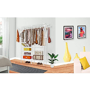 Sasoiky Garment Rack,Shoe Clothing Organizer Shelves,Freestanding Multifunctional Clothes Wardrobe- Closet with Hooks (White)
