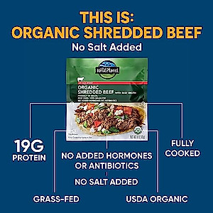 Wild Planet USDA Organic Shredded Beef with Beef Broth, No Salt Added, 3 oz Pouch (Pack of 1)