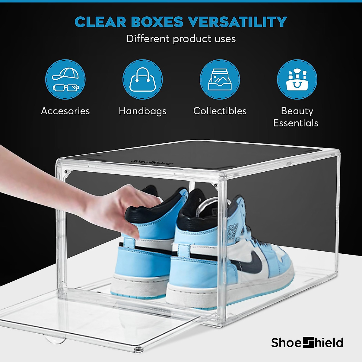 ShoeShield Ultra All Clear Shoe Boxes Plastic Stackable Professional Grade Shoe Display Case with Magnetic Front Drop Door Open Easy Assembly Modern Shoe Sneaker Display Case Fits US Size 14