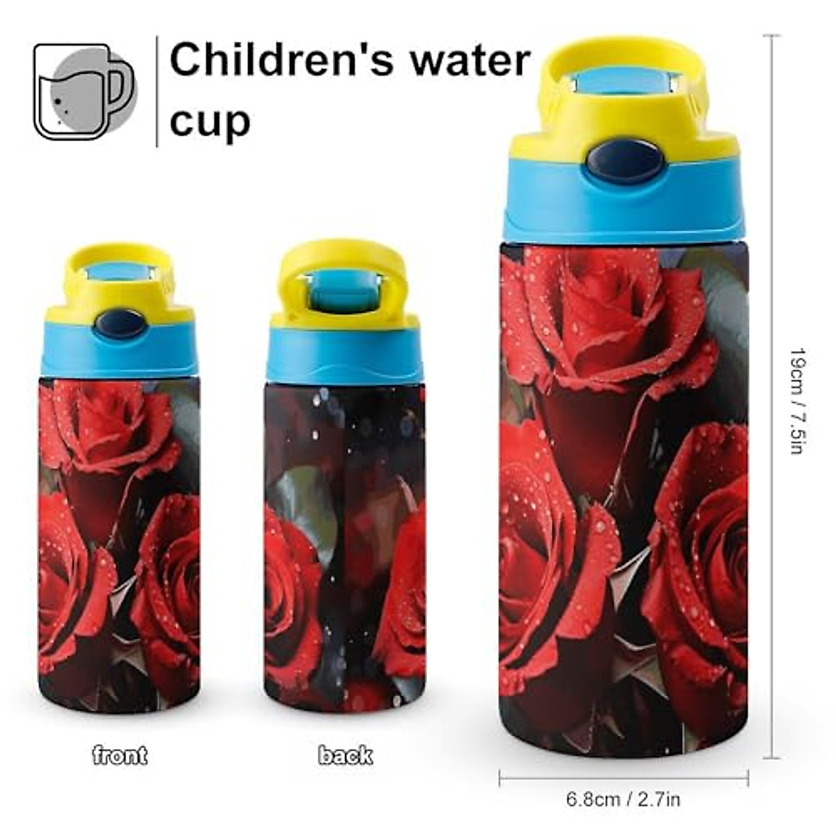 Stainless Steel Water Bottles Romantic Red Roses Travel Water Cups with Handle And Silicone Straw Drinking Cup with Leak Proof Lid Thermo Travel Mug for Women Men
