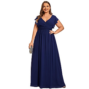 Ever-Pretty Women's Ruched V Neck A-Line Ruffles Sleeves Summer Maxi Plus Size Cocktail Dress Navy Blue US16