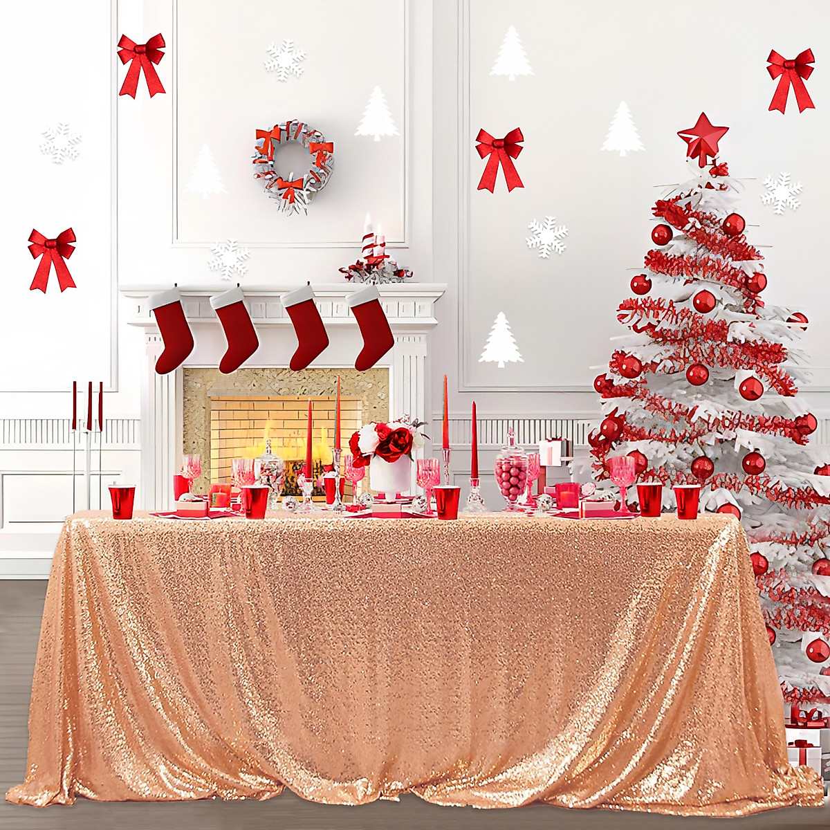 Rectangle 60X120 inch Rose Gold Sequin Table Cloths for Parties, Glitter Shiny Overlay Cover Fitted 6 FT Food Dessert Cake Tables for Birthday Wedding Baby Shower Holiday Reception Decoration