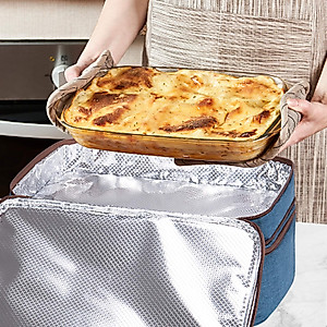 LHZK Double Decker Insulated Casserole Carrier for Hot or Cold Food, Expandable Hot Food Carrier, Lasagna Holder Tote for Potluck Parties, Picnic, Beach, Fits 11 x 15 or 9 x 13 Baking Dish (Blue)