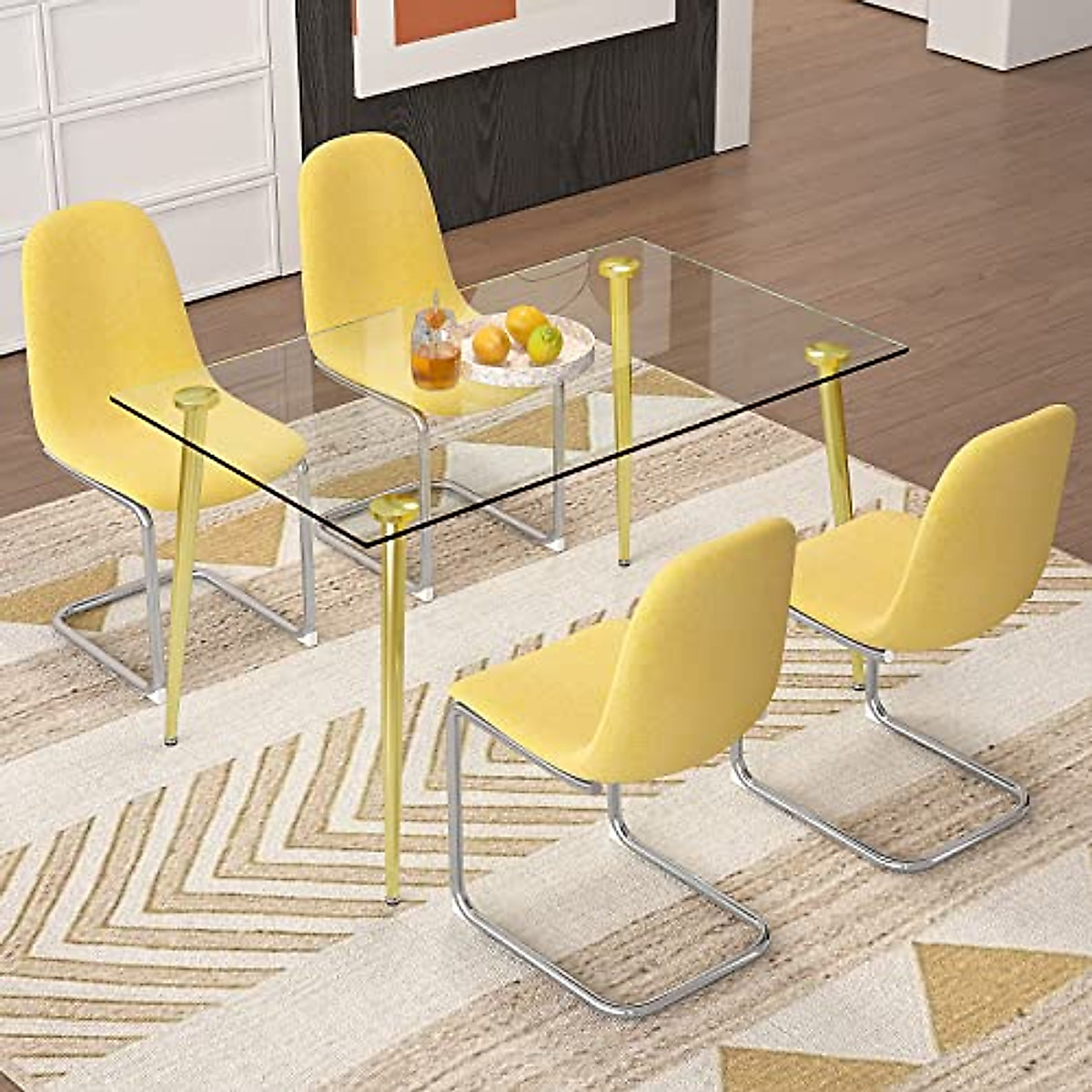 Glass Dining Table，51" Modern Rectangular Table with Spacious Tempered Glass Tabletop & Gold Plated Table Legs，Simplistic Kitchen Table, Versatile Table for Home Office
