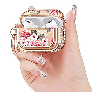 V-MORO for Airpods Pro 2nd Generation Case, Glitter Full Protective Apple Airpod pro 2 Case Cover with Kaychain for Women, Flower Diamond iPod Pro 2022 Wireless Charging Case Girls-Pink Rose