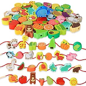 BMTOYS Montessori Educational Threading Toys Wooden Stringing Farm Animals Fruits Lacing Beads Preschool Toy for Toddler 3 4 5 Year Old Boys Girls
