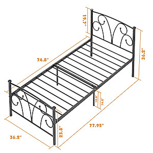 Timy Kids Twin Bed Frame with Headboard and Footboard, Metal Platform Bed Frame with 12 Inch Storage Space for Boys Girls Teens Adults, No Box Spring Needed, Black