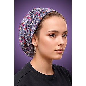 Ermandina Floral Head Covering for Women Tichel Slouchy Beanie Beret Snood Headcovering (Blue)