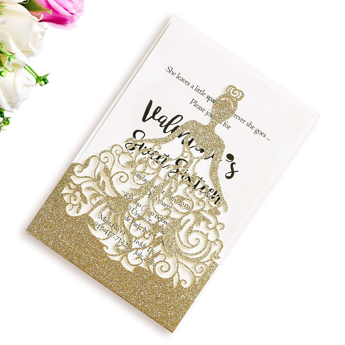 ponatia 25PCS Crown Gold Glitter Quinceanera Invitations, Laser Cut Invitations Cards With Envelopes, Printable Inner Sheets For Birthday, Baby Shower, Quinceañera Party Invite, XV Años, Quince