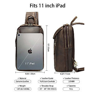 Taertii Small Leather Sling Bag, One Strap Shoulder Crossbody Chest Backpack Daypack for Hiking Travel - Brown (8"x13")