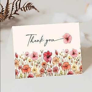 25 Pack, Floral Thank You Cards, Thank You Cards with Envelopes, Small Thank You Cards, Thank You Nores with Envelopes, Wildflower, Thank You Cards for Birthday, Baby Shower, Bridal Shower, Wedding