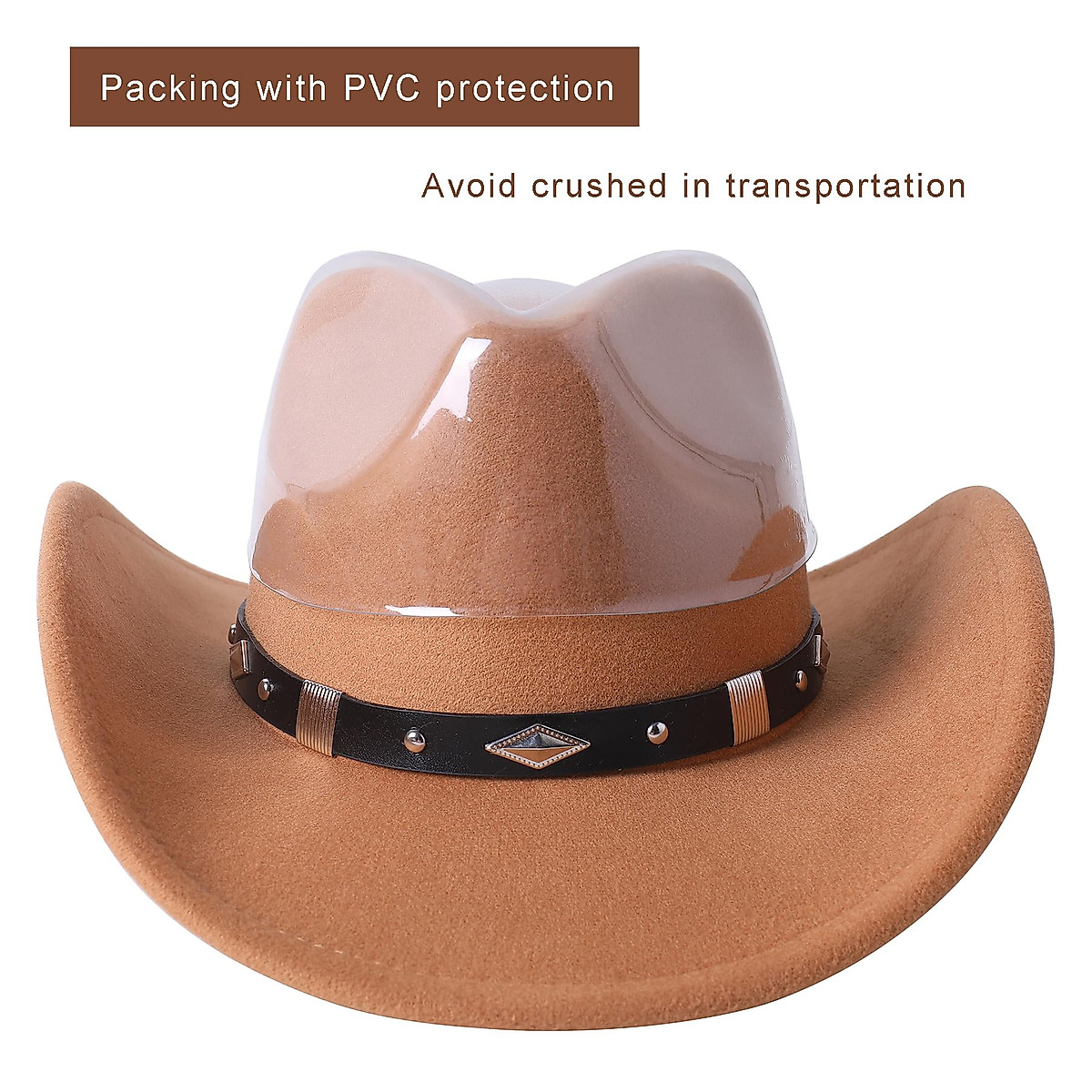 Lanzom Women Men Classic Felt Wide Brim Western Cowboy Cowgirl Hat with Belt Buckle(Medium,Beige)