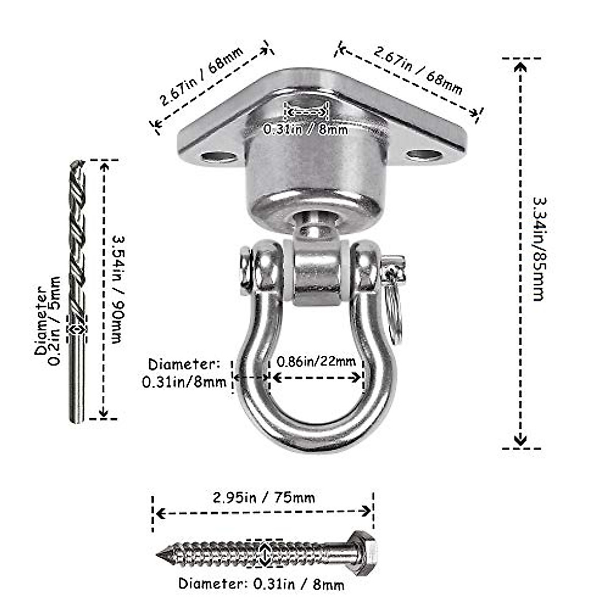 IOH Silent Bearing Swing Hanger Hammock Suspension Kit, SUS Rust Proof, 1500LB Heavy Duty 360 Degree Rotation, Yoga, Sandbag, Gym (3 wooden screws)