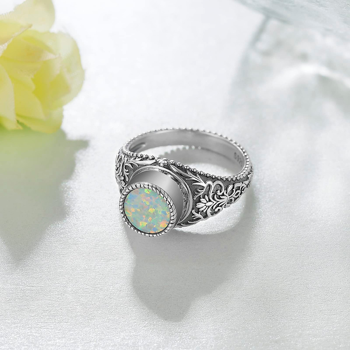 SVODEA Urn Rings for Ashes Cremation Jewelry,925 Sterling Silver Created Lab Opal Cage Filigree Ashes Keepsake Urns Bands with w/Funnel Filler,Memorial Gifts for Women (6)