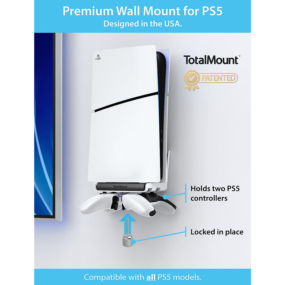 TotalMount Wall Mount for All PS5 Models – Bonus: Holds Two Controllers (Compatible with All PS5 Models Including Slim, Pro, and Original)