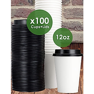 White 12 Oz Paper Coffee Cups With Recyclable Dome Lids, 100 Pk. BPA Free Disposable Drink Cup Set for Serving Hot Tea and Lattes at Kiosks, Shops, Cafes, or Concession Stand