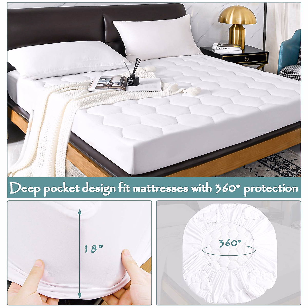 Queen Quilted Waterproof Mattress Pad Cover,Soft Mattress Pad Cover, Waterproof Mattress Protector Stretches up to 16” Deep Pocket-Hollow Alternative Filling-Cooling Mattress Topper