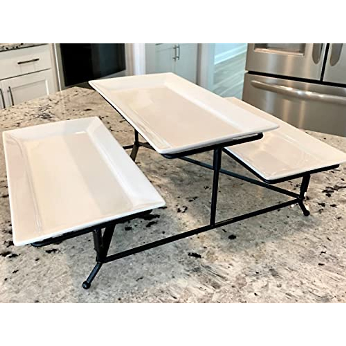 ONEMORE 3 Tier Serving Tray - Collapsible Tiered Stand and Ceramic Serving Platters - Cross Bars Included - White