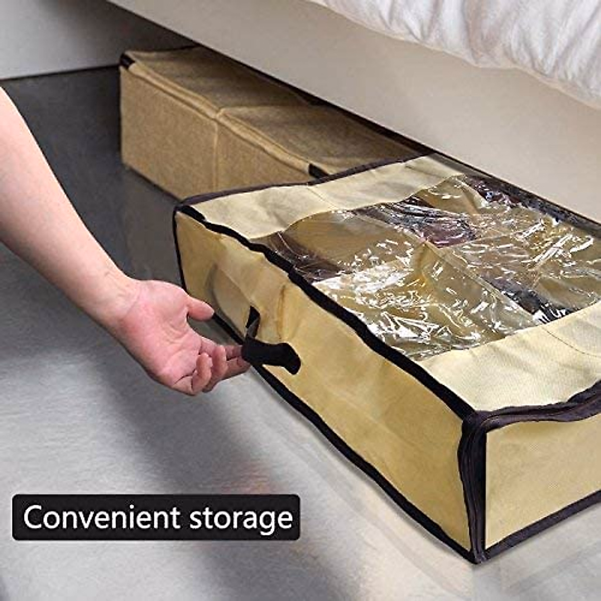 Shonpy 2pcs Men/Woman 12 Cells See Through Underbed shoes and boots Storage Bag Organizer with PVC window (2) (beige)
