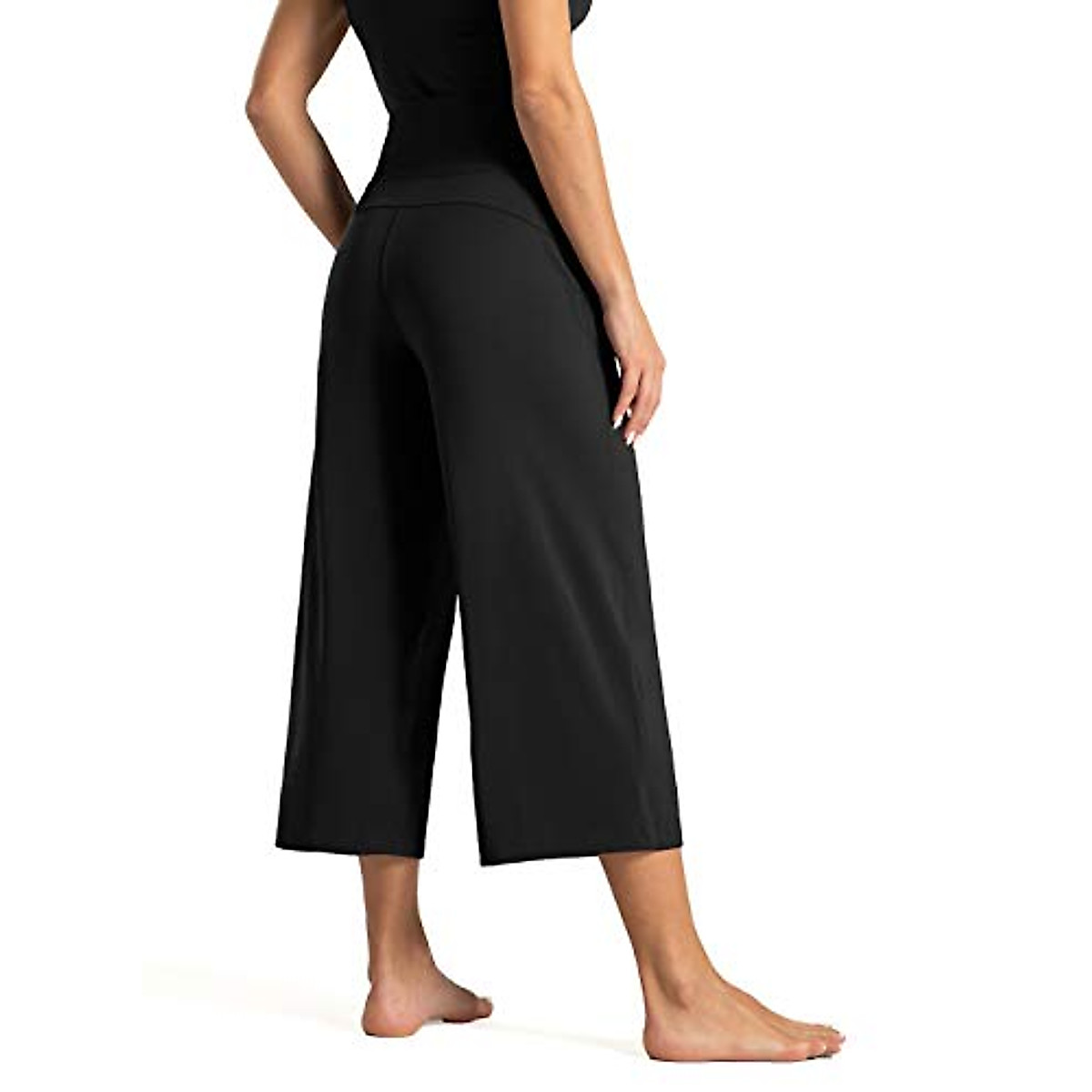 Tmustobe Womens Lounge Yoga Capris Pants Bootleg Tummy Control High Waist Workout Flare Crop Pants with Pockets (Black, Large)