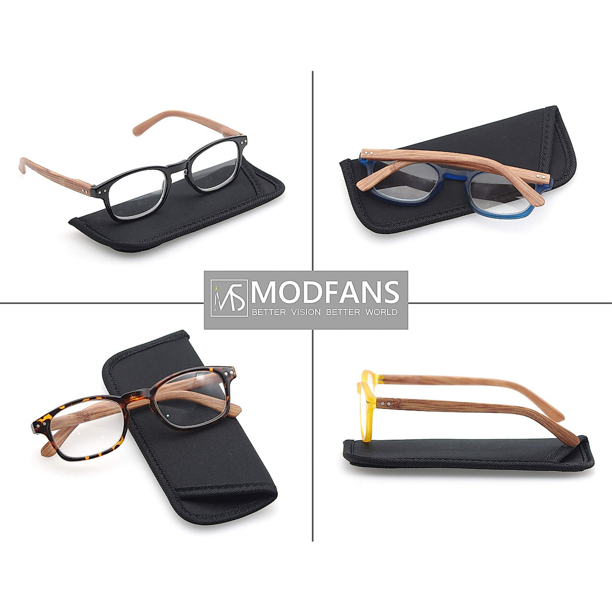 MODFANS 4 Pack Reading Glasses 2.0 Fashion Wood-Look Spring Hinges Stylish Readers Men Women