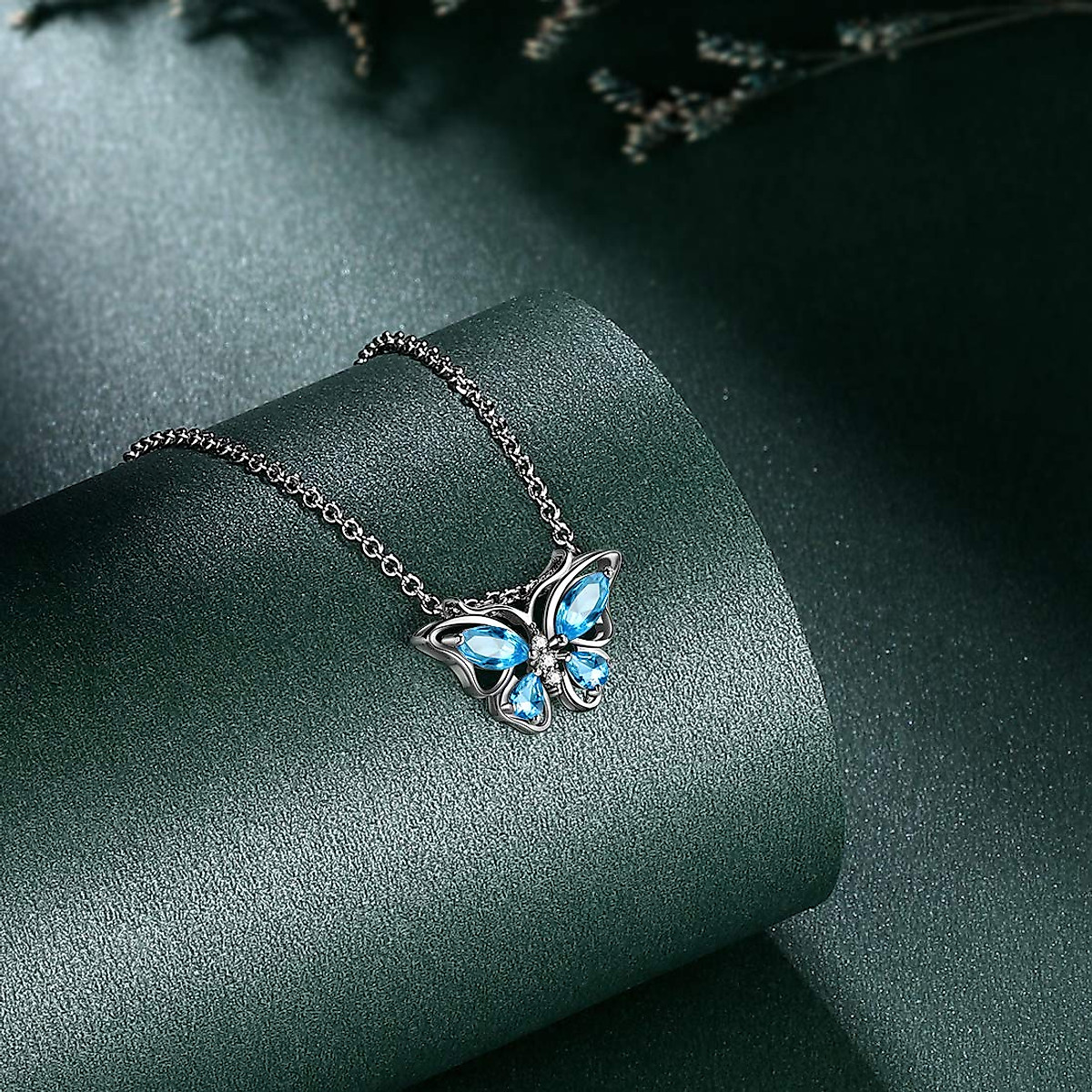 Hipunk Butterfly Blue Necklace Birthstone Women 925 Sterling Silver March-Auqamarine Birth Stone Animal Butterflies Pendant Crystal Birthday Jewelry SP0075M