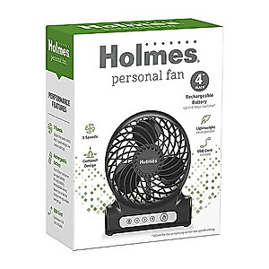 HOLMES 4" Personal Fan, Rechargeable Battery, 3 Speed Settings, Lightweight, Compact and Portable, Adjutstable Head, Home and Office, USB Cable, Black Finish