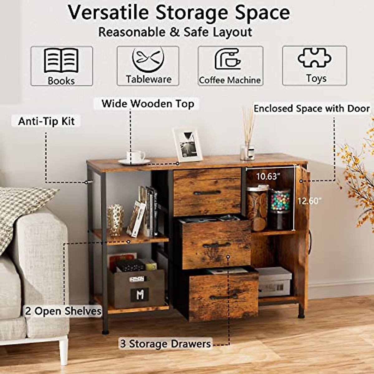 Furnulem Industrial Storage Cabinet with 3 Drawers,2 Shelves and Door,Wood Furniture, Accent Cabinet for Books/Document/Decoration in Home Office,Bedroom, Entryway,Kitchen,Metal Frame