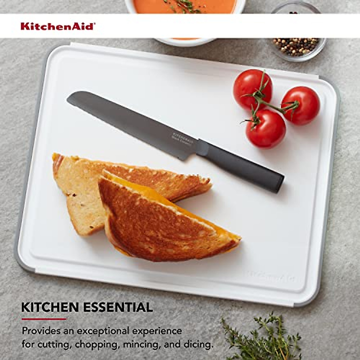 KitchenAid Classic Plastic Cutting Board with Perimeter Trench and Non Slip Edges, Dishwasher Safe, 11 inch x 14 inch, White and Gray & Classic Slotted Turner, One Size, Black 2, 13.66-Inch