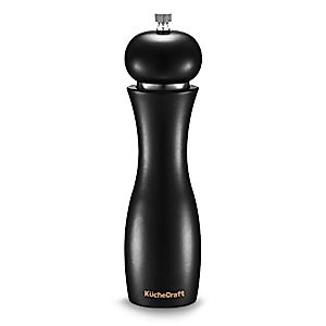 KucheCraft Wooden Pepper Grinder Refillable - Premium Beech Wood Pepper Mill Grinder with Adjustable Ceramic Grinder - 8 In Manual Matte Black Peppermill