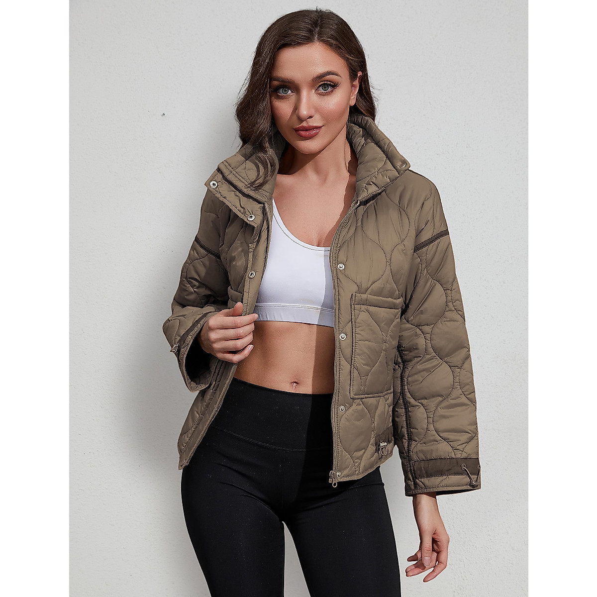 Seetaa Quilted Puffer Jacket Womens Stand Collar Full-Zip Outerwear Puffy Coats Jacket with Pockets(Brown-XL)