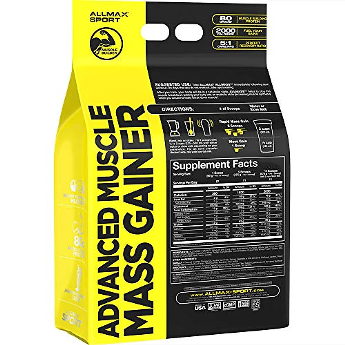 ALLMAX ALLMASS, Vanilla - 12 lb - Advanced Muscle Gainer - Up to 80 Grams of Protein Per Serving - 5:1 Carb-to-Protein Ratio - Zero Trans Fat - Up to 57 Servings