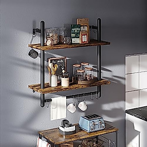 Bestier Floating Shelves Kitchen Shelves Wall Mounted 24" Wood Floating Shelf Bathroom 2 Tier Ladder Shelves with Tower Bar, Wall Decor for Bedroom, Living Room, Coffee bar & Balcony, Rustic Brown