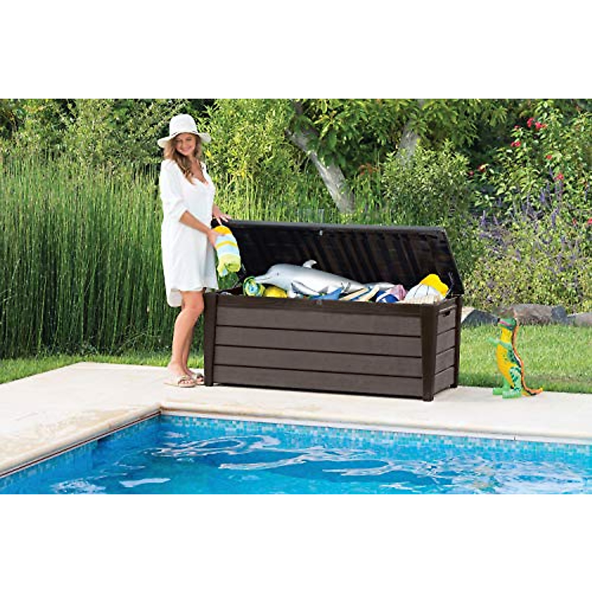 Keter Brushwood 120 Gallon Resin Large Deck Box for Patio Garden Furniture, Outdoor Cushion Storage, Pool Accessories, and Toys, Brown