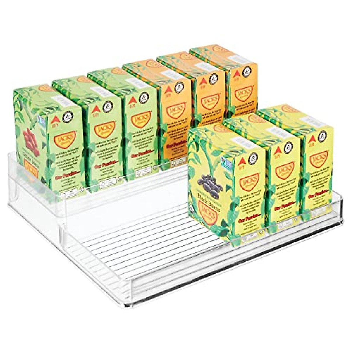 mDesign Plastic Kitchen Food Storage Organizer Shelves, Spice Rack Holder for Cabinet, Cupboard, Countertop, Pantry - Holds Jars, Baking Supplies, Canned Food - 2 Levels - 2 Pack - Clear