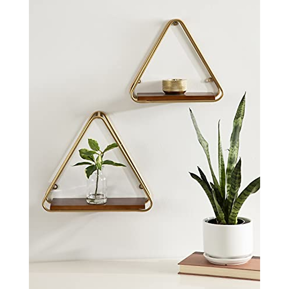 Kate and Laurel Tilde Midcentury Triangle Wall Shelves, Set of 2, 12 x 4 x 10.5, Walnut and Gold, Decorative and Functional Modern Floating Wood Shelves with Geometric Design