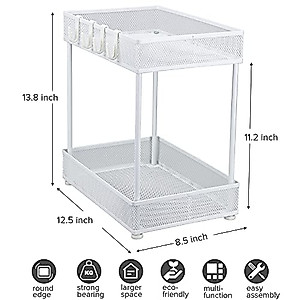 SZJHXIN Under Sink Organizers and Storage,Kitchen Bathroom Cabinet Organizer and Storage,2 Tier Metal Under Cabinet Basket Storage Shelf with 4 Hooks,Under Sink Cabinet Storage Organizer(White)