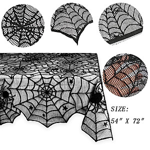 Sunnyglade Halloween 18"x96" Lace Spiderweb Fireplace Mantle Cover Fireplace Scarf & 54"x72" Rectangular Black Spider Web Lace Tablecloth, Festive Party Halloween Supplies