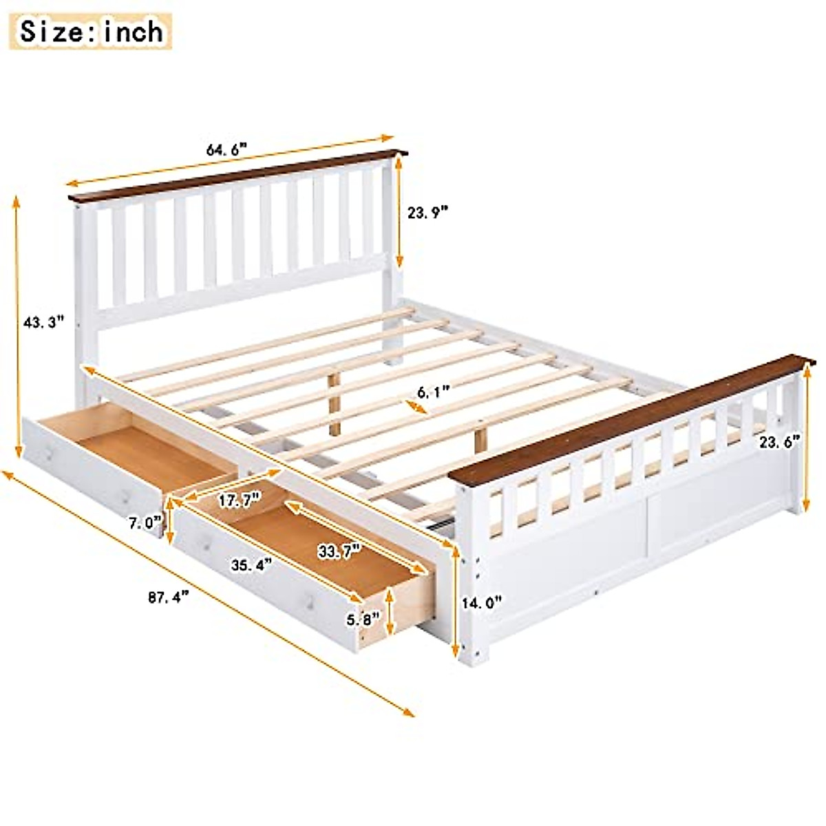 Harper & Bright Designs Queen Bed with 2 Storage Drawers, Solid Wood Queen Size Platform Bed with Headboard and Footboard, Queen Storage Bed Frame for Teens, Adults,White+Walnut