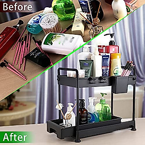 UBeesize 2 Pack Bathroom Organizer Basket Drawers, Slide Out Under Sink Cabinet Organizers and Storage for Bathroom Countertop Bathroom Sink Organizer with Hooks and Cups,Pull Out Under Sink Shelf