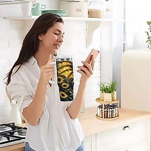 Slewiaeky Tumbler with Handle 40 oz Multicolor Dragon Wild Travel Mug with Lid and Straw Sunflower Stainless Steel Vacuum Insulated Water Bottle Cup for Iced Tea Coffee Cold Beverages Cup Holder Frie