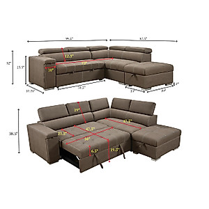 THSUPER 100" Microfiber L Shape Sleeper Sectional Sofa with Pullout Bed. 5-Seats Sectional Couch with Storage Ottoman and Cup Holder. Adjustable Headrest with Sectional Sleeper Couch. Brown